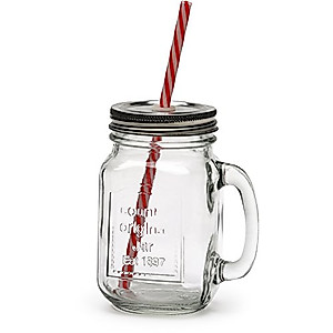 Circleware Country Glass Yorkshire Jar Drinking Handles, Metal Lids and Mason Mugs, 4 Count (Pack of 1), Hard Plastic Reusable Straws, Set of 4