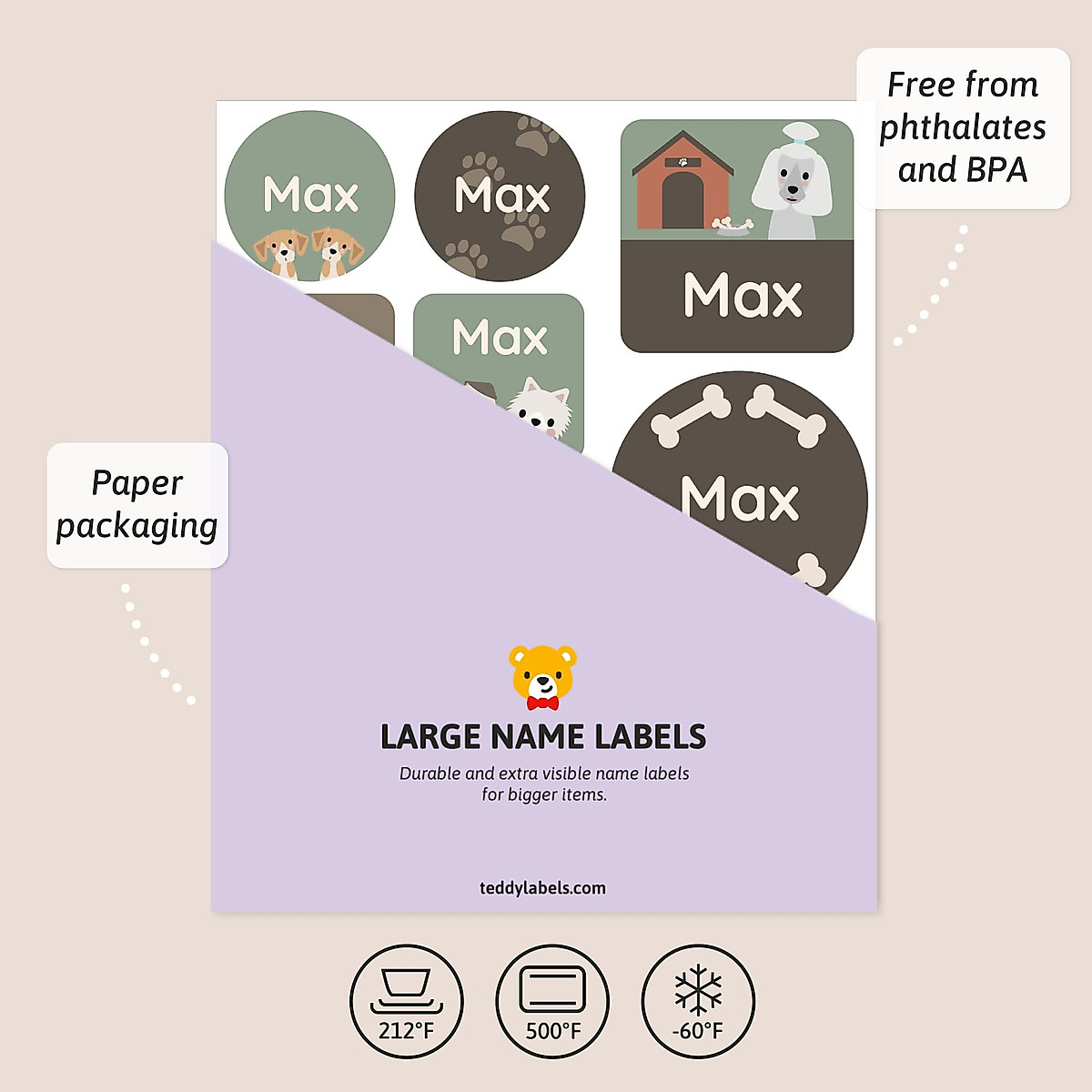 Large Name Labels for Kids (33) - Custom Stickers for Daycare and School Supplies - Durable, Waterproof Stickers for Water Bottles, Lunch Boxes, and More with Unique Designs - Dog