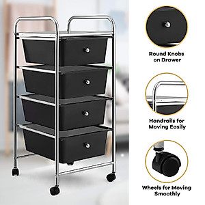 MAT EXPERT 4-Drawer Rolling Storage Cart, Mobile Organizer Cart w/Plastic Drawers & Casters, 4-Tier Rolling Storage Cart, Metal Frame Multipurpose Trolley Bin for Home/Office/School (Black)