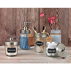 4 Pcs & 4 Pcs Brushed Nickel Mason Jar Bathroom Accessories Set- Lotion Soap Dispenser*2, Regular mouth Qtip Holder Set*2,Wide Mouth Cotton Swab Holder*2,Toothbrush Holder*2,Rustic Farmhouse Decor