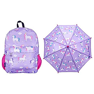 Wildkin Kids 16 Inch Backpack and Umbrella Bundle for On-The-Go Comfort (Unicorn)