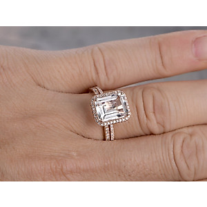 White Topaz Engagement Ring Set Diamond wedding ring 14K Rose Gold 10x8mm Emerald Cut Stone Promise