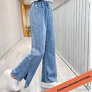 birbyrrly Girls Wide Leg Jeans Kids Baggy Elastic Waist Casual Denim Pants with Pockets Split Blue Tag 150-9-10 Years