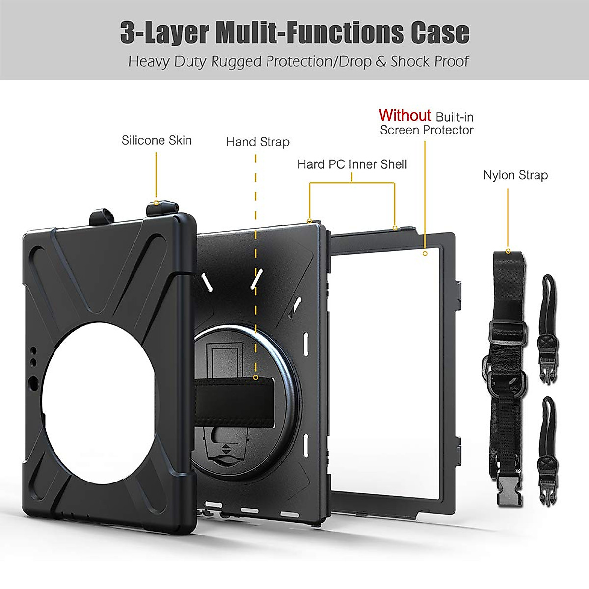 ZenRich Surface Pro 7 Plus/Pro 7 / Pro 6 / Pro 5 / Pro 4 / Pro LTE Case with Pencil Holder, Rotatable Stand, Hand Strap and Shoulder Belt Heavy Duty Shockproof Full Body Protective-Black