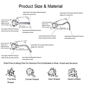 SOVSEFD 12 Pcs 20 Gauge Stainless Steel Nose Rings Studs L Crook Bone Shaped Crook Nose Fake Septum Rings Body Piercing Jewelry 3mm Diamond CZ Nose Stud L Bend for Women Men Girl Piercing (Silver)