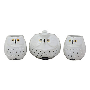 Ebros Gift Whimsical White Fat Snow Owl Ceramic 16oz Tea Pot With 2 Cups Set With Stainless Steel Strainer As Teapots And Teacups Home Decor Of Owls Owlet Nocturnal Bird