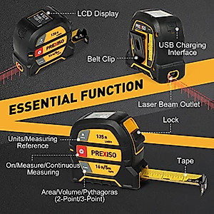 PREXISO 2-in-1 Laser Tape Measure, 135Ft Rechargeable Measurement Tool & 16Ft Measuring Movable Magnetic Hook - Pythagorean, Area, Volume, Ft/Ft+in/in/M Unit NOT Digital