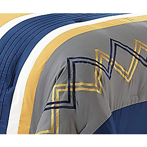 Chezmoi Collection Arden 7-Piece Modern Pleated Stripe Embroidered Zigzag Bedding Comforter Set (Queen, Navy/Gray/Yellow/White)