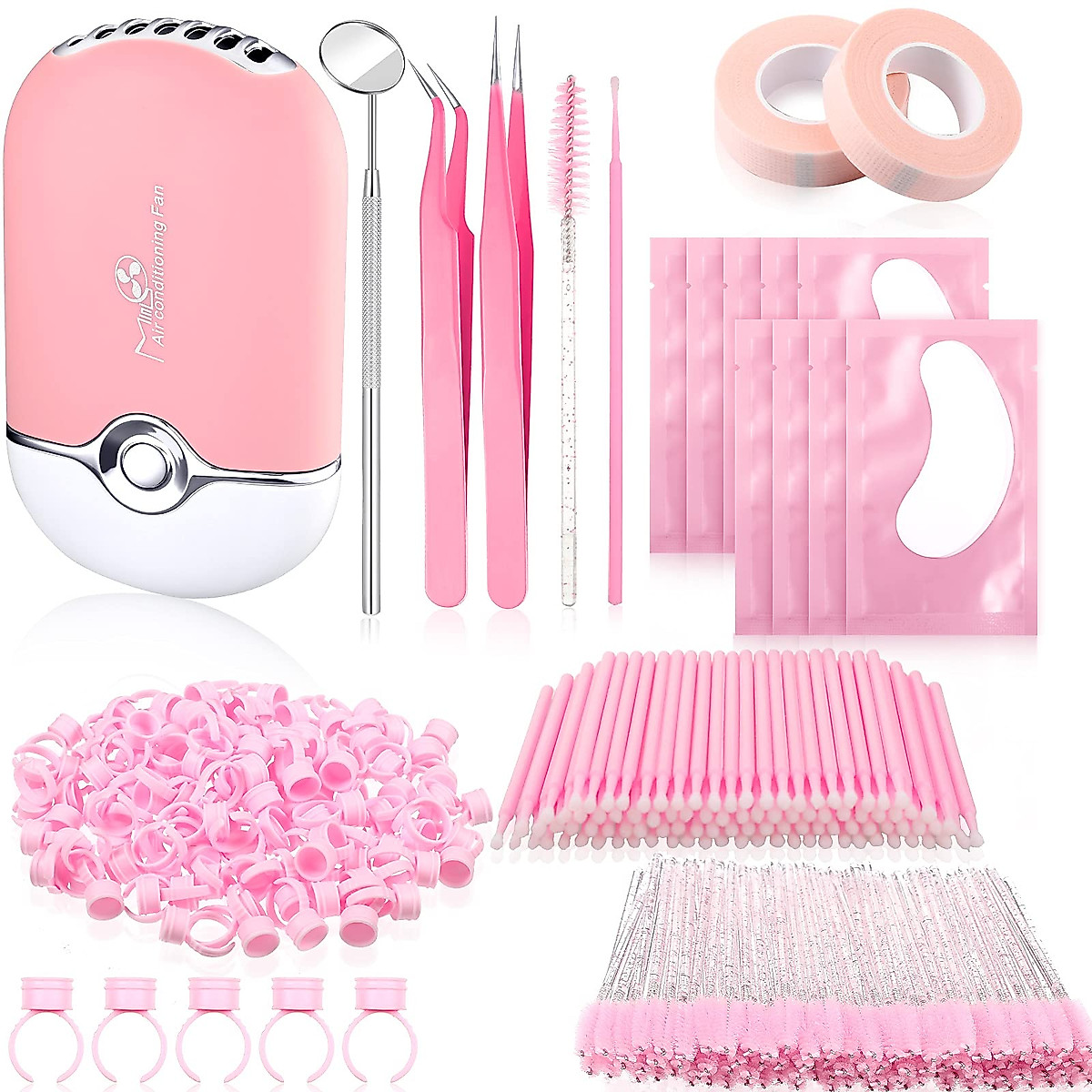 316 PCS Eyelash Extension Supplies, USB Mini Portable Air Conditioning Blower Handheld Dryer Fan Rechargeable Mini Mirror, Tapes, Tweezers, Eyelash Brushes, Micro Brush Applicators(Pink)