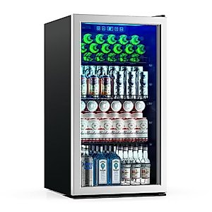 ICYPOLK Beverage Refrigerator Cooler -120 Can Stainless Steel Mini Fridge with Digital Temperature Display, Glass Door and Adjustable Shelves Perfect for Soda Beer Wine Drinks, 3.2 Cu.Ft