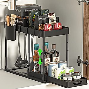 Under Sink Organizers And Storage Liftable Sink Shelf, ONADAK 2 Tier Sliding Under Bathroom Cabinet Organizer Drawer with 4 Hooks & 1 Hanging Cup Under Kitchen Sink Storage Bathroom Organizer(Black)