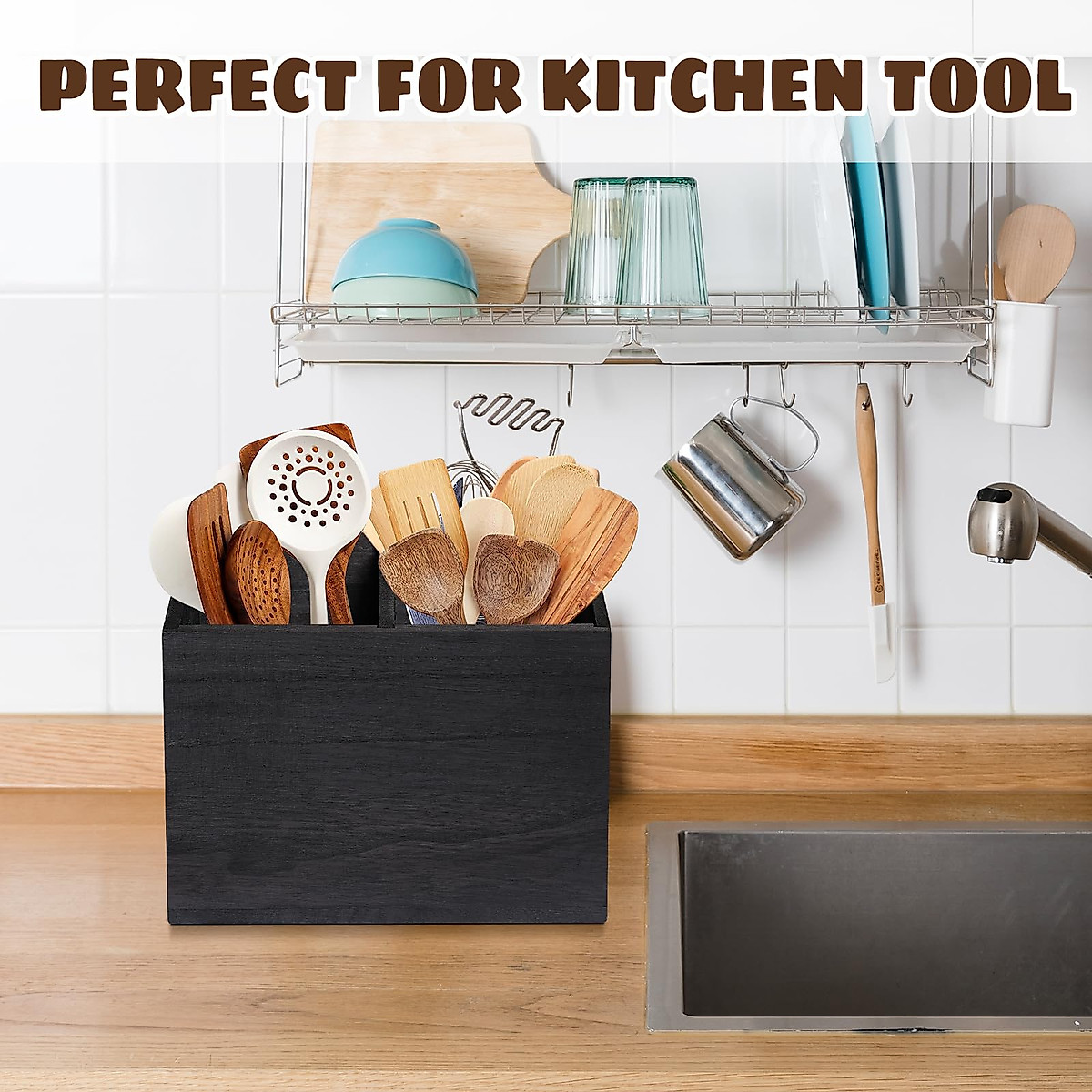 Wooden Kitchen Utensil Caddy With 2 Compartments, Rustic Kitchen Utensil Holder for Kitchen Countertop, Wood Utensil Crock Organizer Box for Farmhouse Kitchen Decor (black)