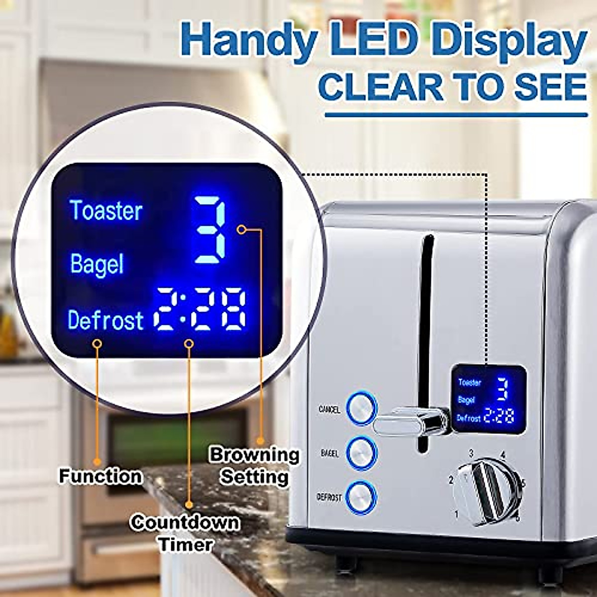 Toaster 2 Slice, CUSIMAX Stainless Steel Toaster with Large LED Display, Bread Toaster 1.5'' Extra-wide Slots with 6 Browning Settings, Cancel/Bagel/Defrost Function, Removable Crumb Tray, Silver