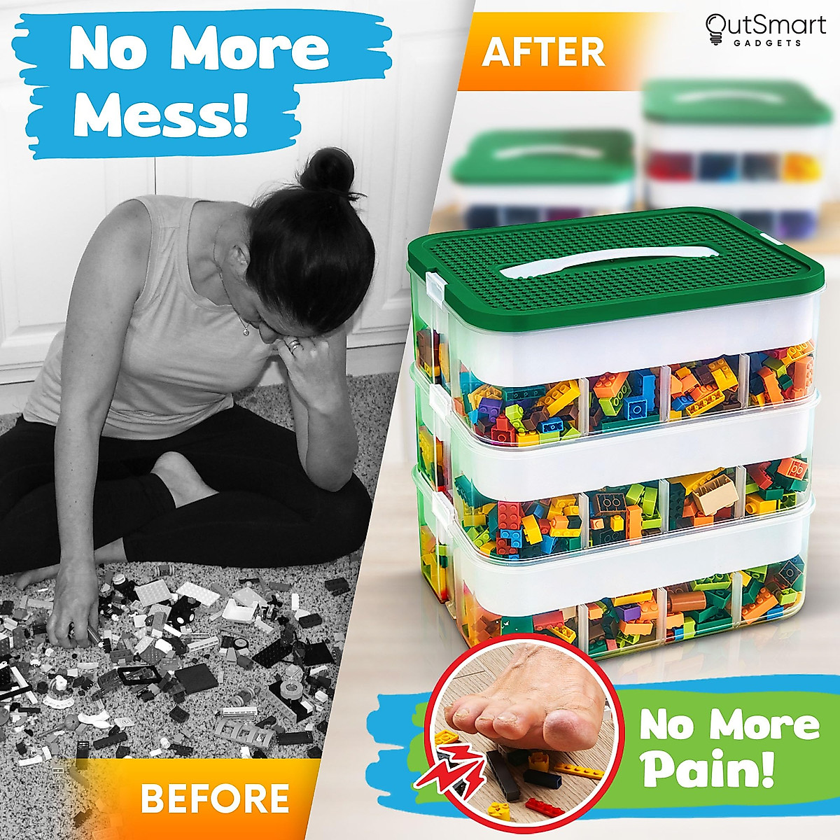 Outsmart Gadgets Plastic Stackable Toy Storage Organizer Bin for Lego, Building Bricks, Dolls and Crafts Organization, 3 Layers with Adjustable Compartments,ABC Stickers and 2 Lids Included