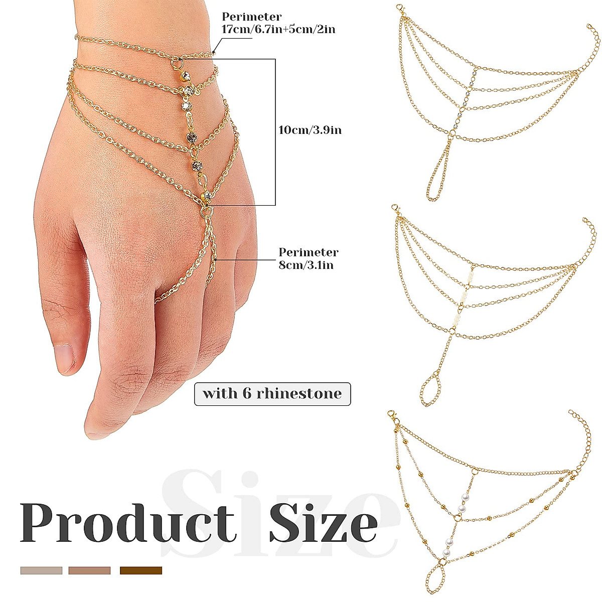 MTLEE 3 Pieces Ring Bracelet Hand Chain Finger Ring Bracelet Gold Tassel Hand Jewelry Slave Chain for Women, 3 Styles