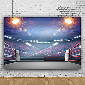 AOFOTO 6x4ft Wrestling Arena Backdrop Floodlight Blur Spectator Seats Sports Boxing Ring Ropes Background Man Boys Portrait Photo Shoot Child Kid Father's Birthday Decoration Photo Studio Props