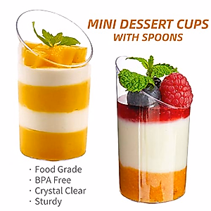 50 Pack Mini Dessert Cups with Spoons - 2.2 oz Clear Plastic Parfait Cups Reusable Shooter Glasses Small Serving Cups for Tasting Party Desserts Appetizer