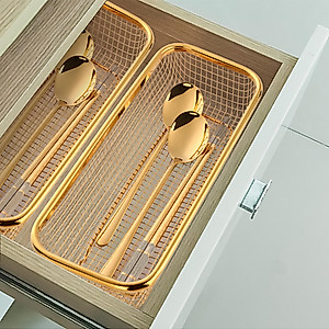 BYEGOU Gold Kitchen Drawer Organizer, Stackable Mesh Storage Baskets, Stainless Steel Silverware Organizer for Holding Knife Fork Spoon, 12.5"x5"x2.5", Pack of 2