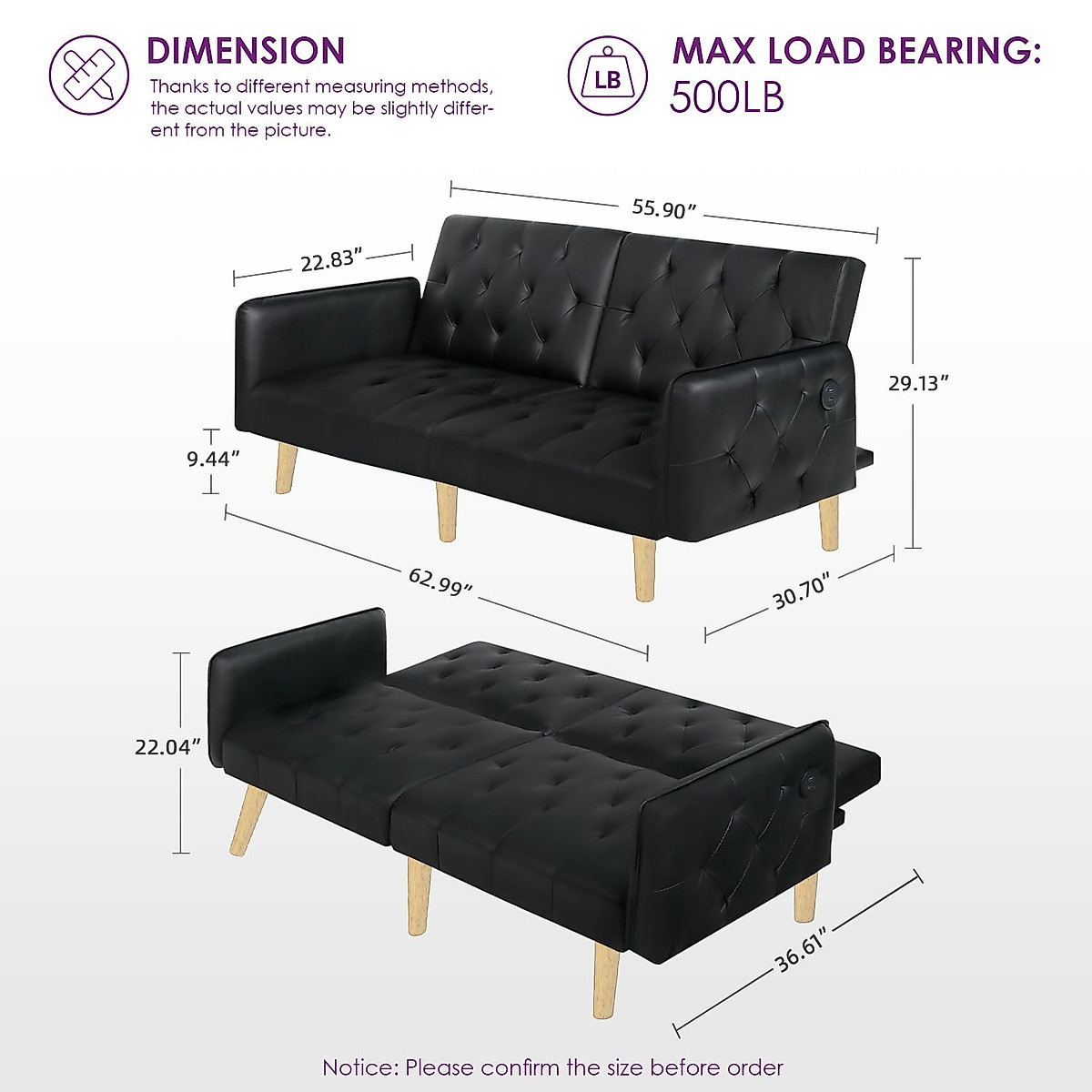 TYBOATLE 65“ Sofa Bed w/ 2 USB,Convertible Futon Tufted Small Adjustable Folding Couch Loveseat, Modern Mid Century Faux Leather Sleeper Sofa for Living Room,Bedroom,Apartment,Office (Black) (Black)