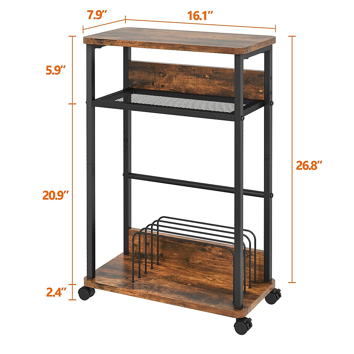 Livofloral Narrow Side Table with Wheels, 3 Tier Small End Tables for Small Spaces, Sofa Table with Magazine Rack, Skinny Nightstand Table with Storage Shelf for Living Room, Bedroom, Brown