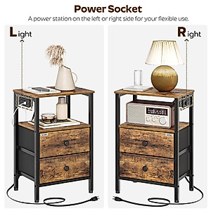 YATINEY Nightstands Set of 2, Dorm Night Stand with Charging Station, Bedside Tables with 2 Non-Woven Drawers, Side Table for Dorm Room, End Table for Small Spaces, College, Living Room ET02L2BR