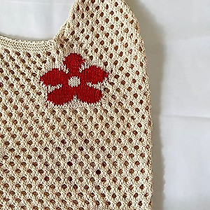 Crochet Tote Bag for Women - Cute Knitting Shoulder Tote Bags Purse Aesthetic Mesh Hollow Flower Woven Beach Tote Handbag (A Beige)