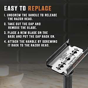 SHAVING REVOLUTION Long Handle Double Edge Safety Razor - Butterfly Open Razor 10 Japanese Stainless Steel Double Edge Blades - Close, Clean Shaving Razor Men., Black Long Handle, 12 Piece Set