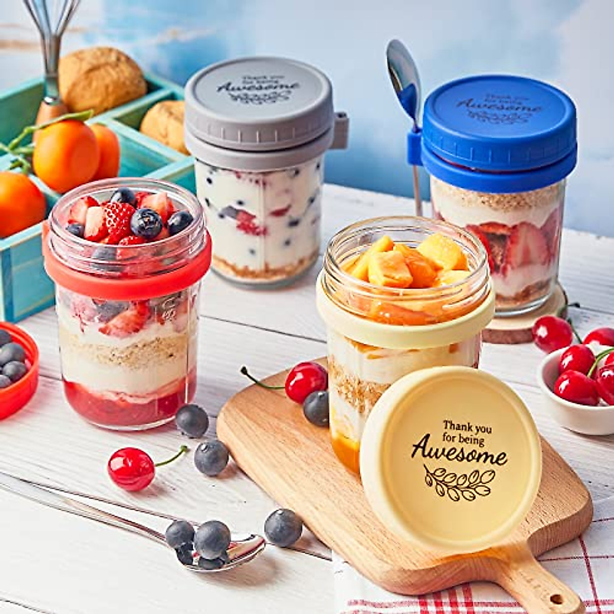 ZORRITA 4 Pack Overnight Oats Containers with Lids and Spoons, 12 oz To Go Oatmeal Container with Measurement Marks Glass Mason Jars with Lid for Yogurt Cereal Fruit Salad Parfait On The Go