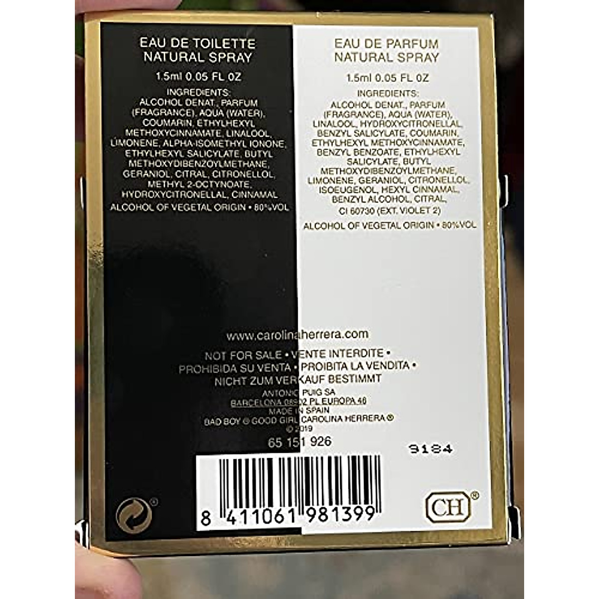 Carolina Herrera Good Girl EDP & Bad Boy EDT Sample Set Spray Vial 1.5 ml 0.05FL oz each