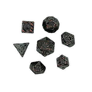 TINY GREMLIN Metal Dice of Dwarven Mining - Dungeons and Dragons Dice - Orange Glitter with Antique Nickel Metal Swirl with Black Font