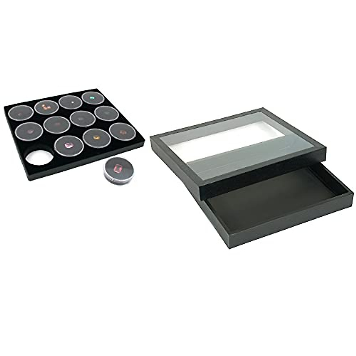 Black Square Case (Glass-top Removable Lid) w/ 1 Tray Insert (Black Foam 12 Gem Jar Insert)