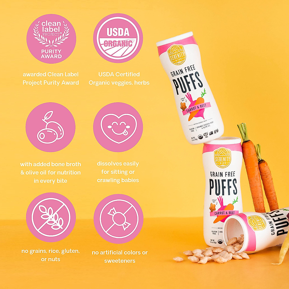 Serenity Kids 6+ Months Grain Free Puffs Toddler & Baby Snack | No Added Sugar, Gluten & Rice Free, Allergen Free | Made with Organic Cassava, Veggies, and Herbs | Carrot & Beet | 6 Count