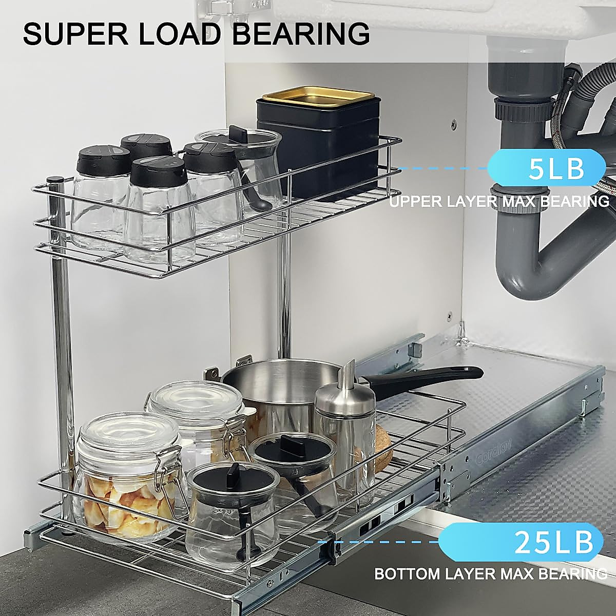 Coralov Pull Out Cabinet Organizer, 9 INCH Under Sink Slide Out Storage Shelf with 2 Tier Sliding Wire Drawer