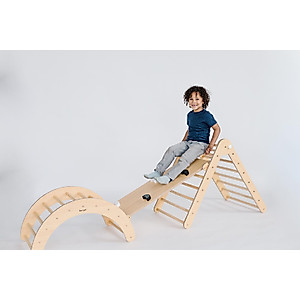 Beright 4 in 1 Pikler Triangle Gym, Montessori Foldable Climber with Ramp, Indoor Climbing Toys for Kids, Climbing Triangle for Toddlers Arch Climber, Rocker, Learning Waldorf Toy Structure, Natural