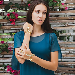 Duel On Jewel Traditional Indian Ethnic Womens Bridal Wedding Party Gold Plated Hand Piece Ornament Haath Phool Bracelet Set Attached with One Adjustable Ring in White Kundan Stone