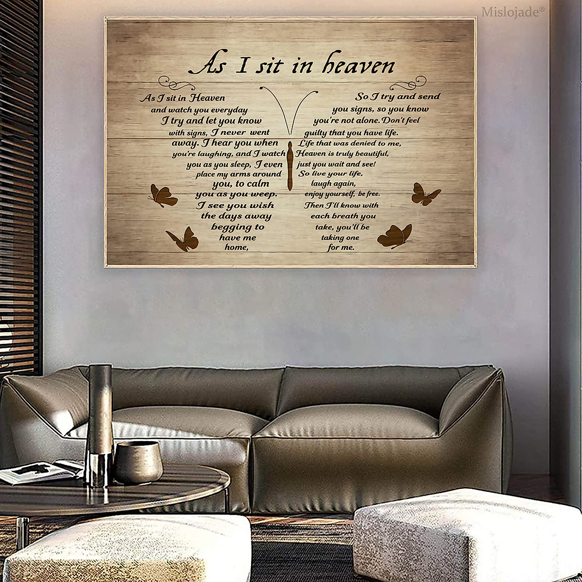 Butterflies Vintage Canvas Wall Art Canvas As I Sit in Heaven and Watch You Everyday Poem Painting on Canvas Wooden Background Rustic Inspirational Quotes Wall Art Paintings Quotes Poem Room