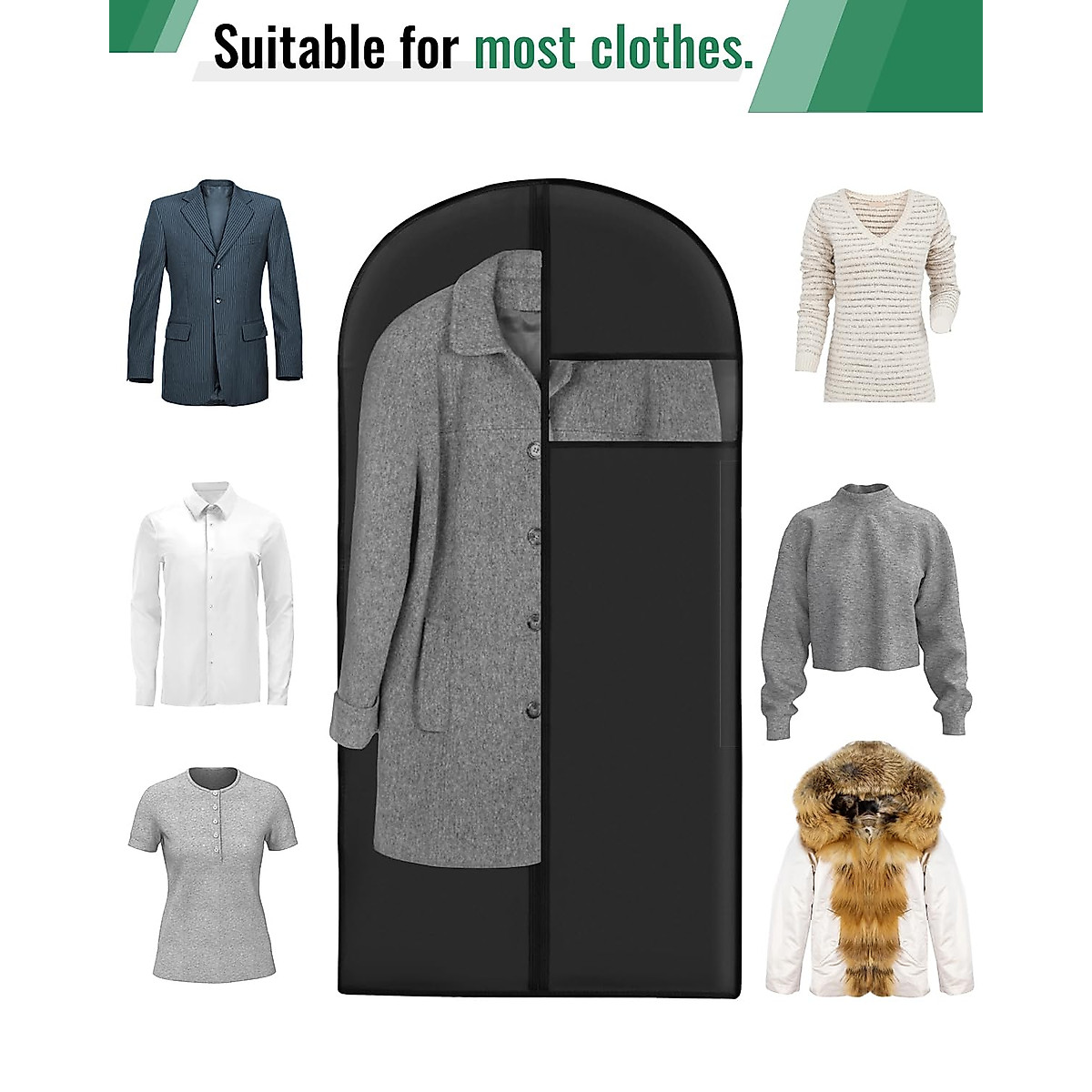 Garment Bags for Hanging Clothes (8 packs，43 inches) Washable Black Suit Bags for Closet Storage and Travel with Clear Window