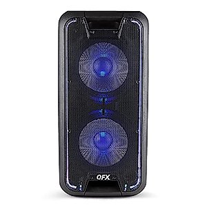 QFX PBX-100 Portable Rechargeable Bluetooth Speaker with LED Party Lights, Dual 10 in. Woofers, TWS, FM Radio, Handles and Wheels