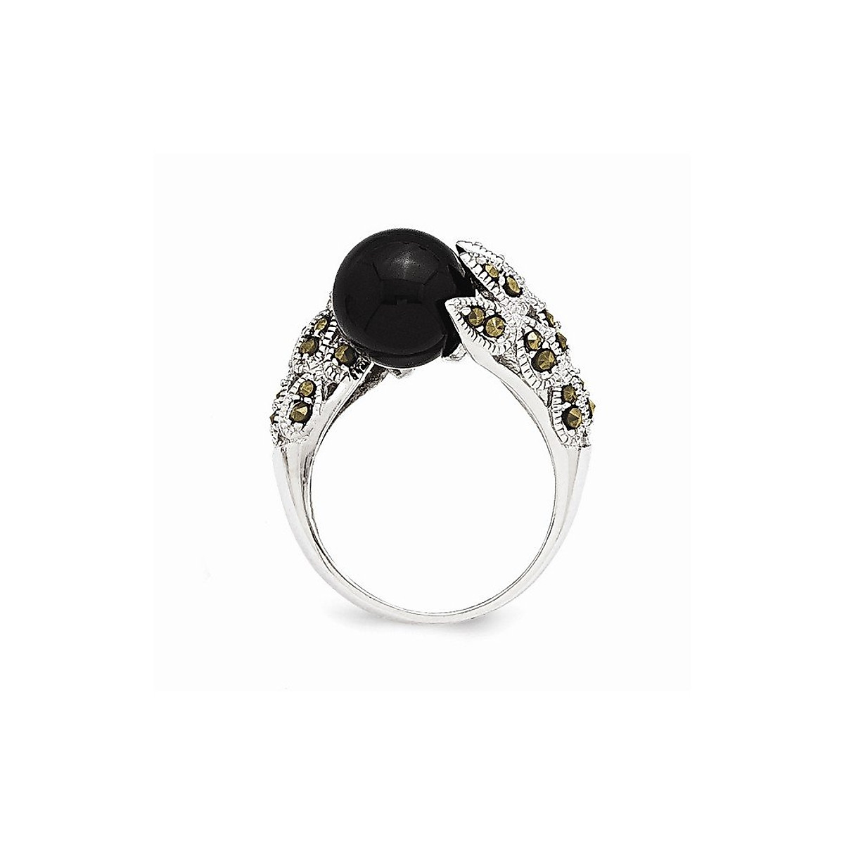 Solid 925 Sterling Silver Marcasite Black and White Plastic Imitation Pearl Ring Band Size 7
