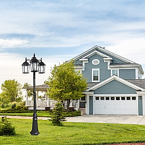 ZJOJO Outdoor Post Light, Triple-Head LED Street Light, 2700K,1100lumens, Vintage Clear Glass Shade Lamp Lights Fixture for Garden Backyard Patio Walkway Lighting-Black C819