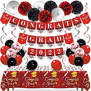 algpty 2022 Red and Black Graduation Decorations Kit - Congrats Grad Party Decorations Including Congrats Grad 2022 Banner, Paper Pompoms, Tablecloth, Hanging Swirl Grad  Decor for High School, College