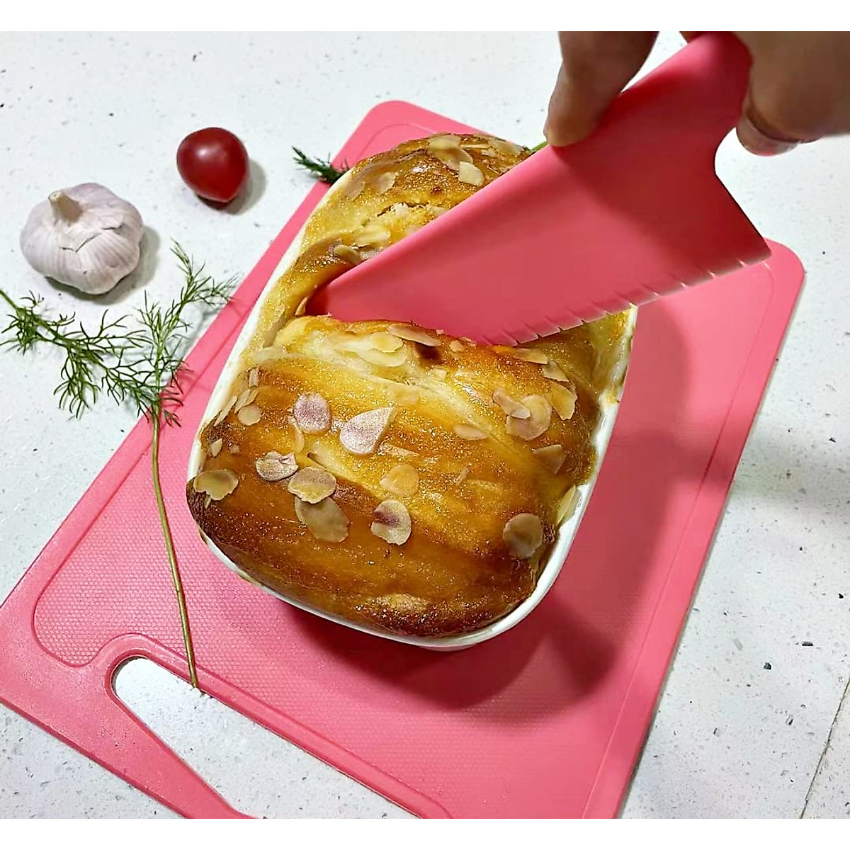 jawbush 11" Professional Salad & Bread Knife, Plastic Lettuce Knife for Veggies, Fruit, Cake, Salad, Serrated Chef Knife for Cooking and Cutting - Safe Nylon Knife for Nonstick Pans, Pink