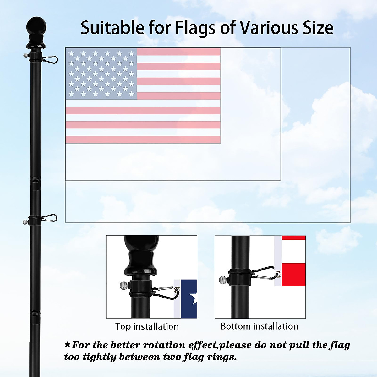 HOOSUN 6 FT Flag Pole Kit with 2 Rotating Rings and Flag Pole Clips,Flag Poles for Outside House,Black Stainless Steel Adjustable Pole for Commercial Or Residential