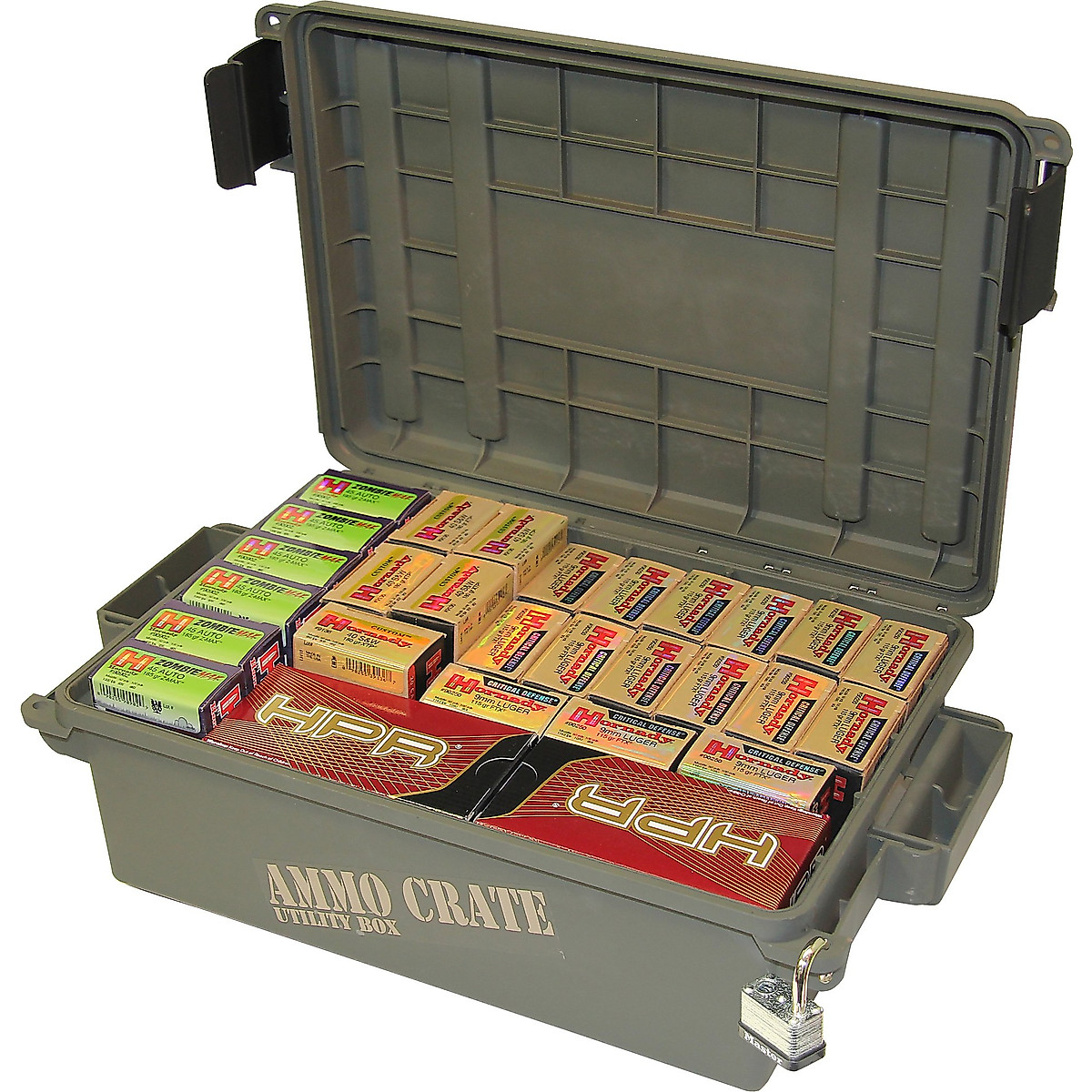 MTM ACR4-18 Ammo Crate Utility Box-Carry up to 65lbs of gear-Stackable design, double padlock for security - Water-resistant O-ring seal - Army Green