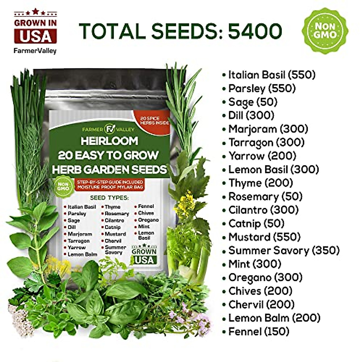 20 Most Needed Spice Seeds for Home Gardening - Kitchen & Culinary Herb Plant Seeds for Indoor, Outdoor, and Hydroponic Growing, Including Basil, Parsley, Rosemary, Mint & More
