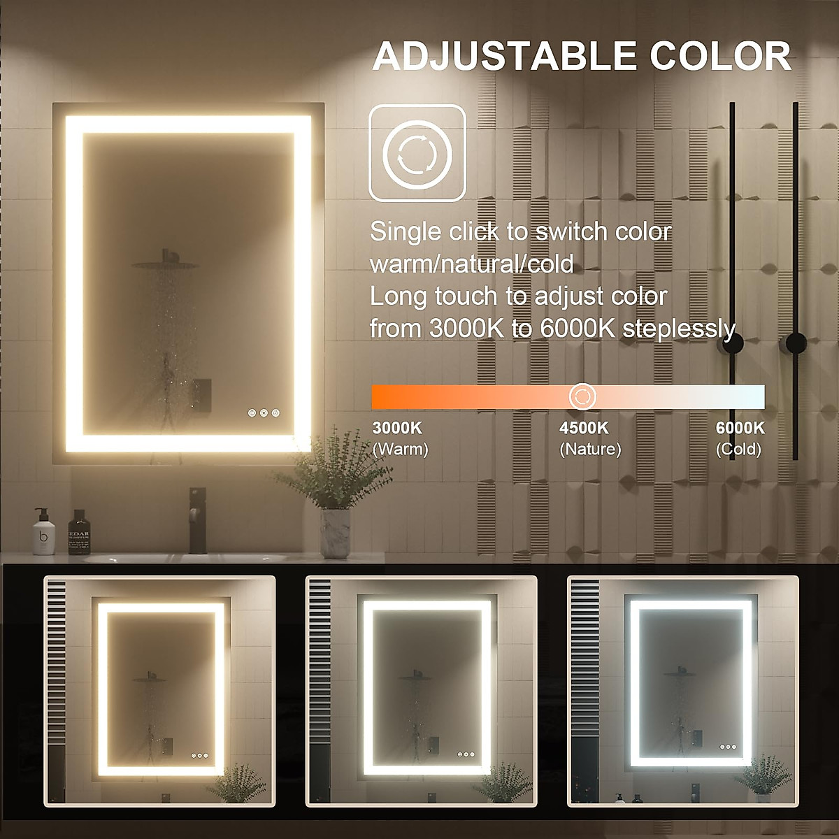 Modlicht 36" x24” LED Bathroom Mirror, Dimmable LED Mirror for Bathroom, Adjustable Warm/Natural/Cold Light, Memory Function, IP54, Lighted Bathroom Mirror with Smart Touch Button, Home Decor