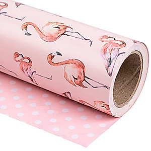 WRAPAHOLIC Reversible Wrapping Paper - Mini Roll - 17 Inch X 33 Feet - Flamingo and Polka Dot Design for Birthday, Holiday, Wedding, Baby Shower