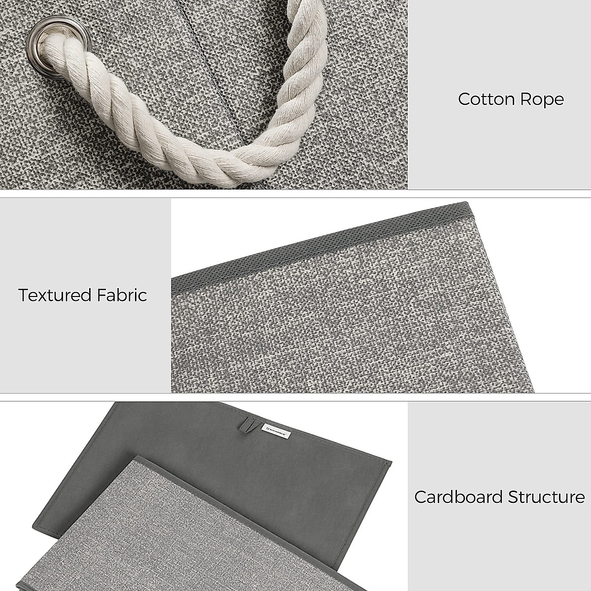 SONGMICS Fabric Storage Boxes, Set of 3 Storage Cubes, Foldable Baskets with Handles, 15.7 x 11.8 x 9.8 Inches, Toy Storage, Linen Pattern, Gray URFB013G01