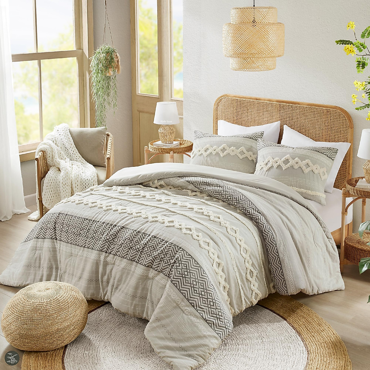 Hyde Lane Boho Gray Comforter Set King, Farmhouse Bedding Sets, Cotton Top with Modern Neutral Style Clipped Jacquard Stripes, 3-Pieces Including Matching Pillow Shams (104x90 Inches)