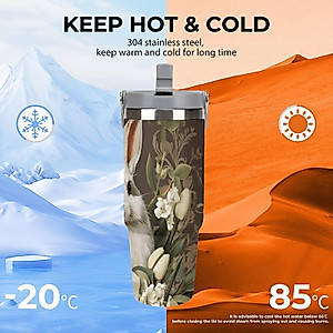 30oz Stainless Steel Insulated Tumbler with Flip Lid & Straw, Leakproof Travel Mug for Car, A Beautiful White Rabbit Double Wall Vacuum Thermal Coffee Cup with Handle, Spill-Proof Design for Hot/Cold